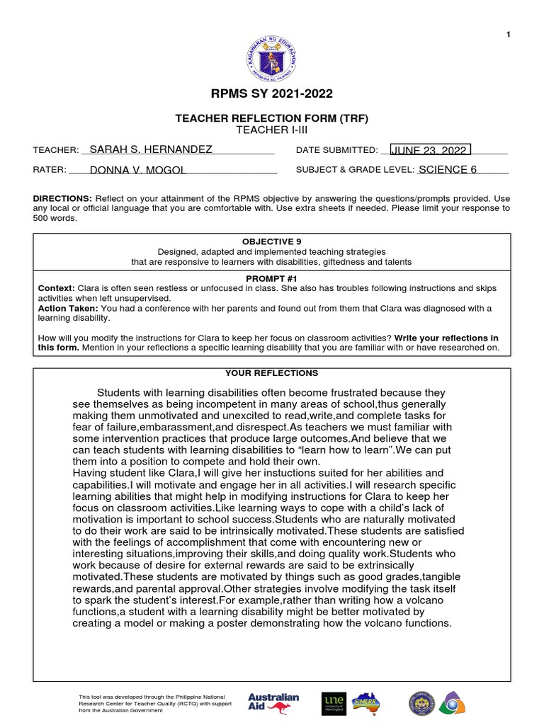 Teacher Reflection Journal for RPMS Objectives | PDF | Motivation ...