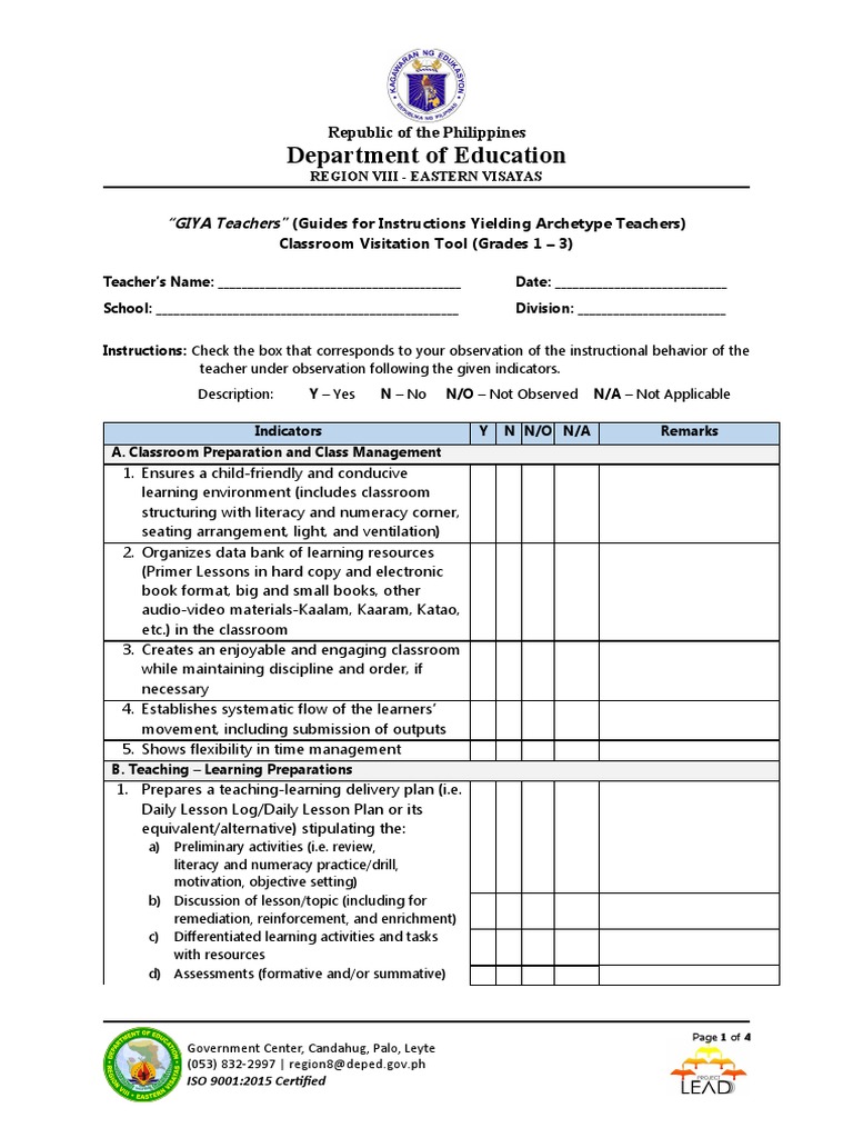GIYA Classroom Visitation Tool Grades 1-3 | PDF | Learning | Teaching ...