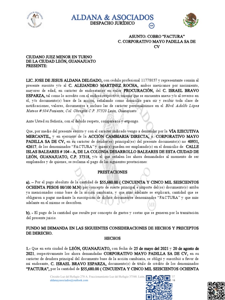 Escrito de Demanda Inicial Juicio Ejecutivo Mercantil Via Accion ...