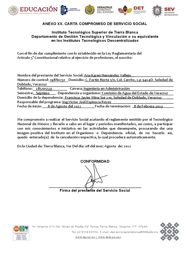 Carta Compromiso (198n0731) Ana Karen Hernandez Vallejo | PDF