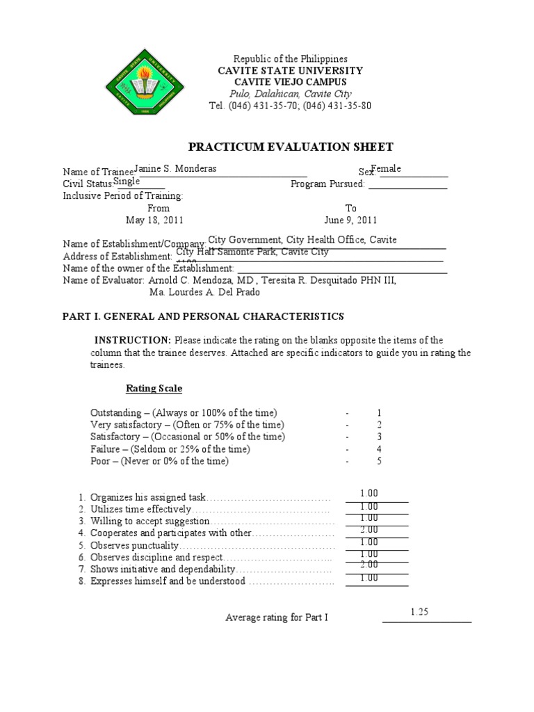 Practicum Evaluation Sheet: Cavite State University | PDF | Medicine ...