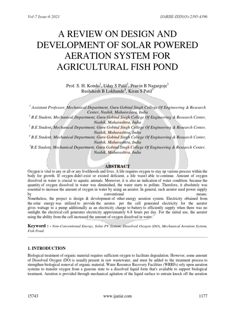A REVIEW ON DESIGN AND DEVELOPMENT OF SOLAR POWERED AERATION SYSTEM FOR ...