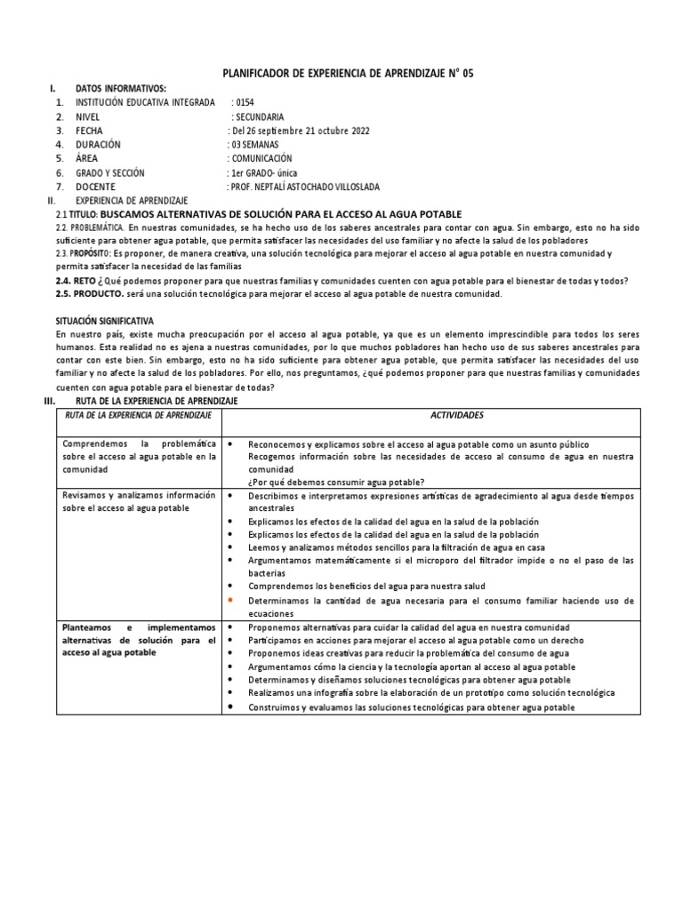 PLANIFICADOR DE EXPERIENCIA DE APRENDIZAJE #5 (1! y 2°) | PDF | Agua | Aprendizaje