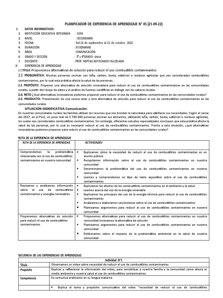 PLANIFICADOR DE LA EXPERIENCIA DE APRENDIZAJE #5 - 3° y 4° (21-09-22) | PDF | Contaminación ...