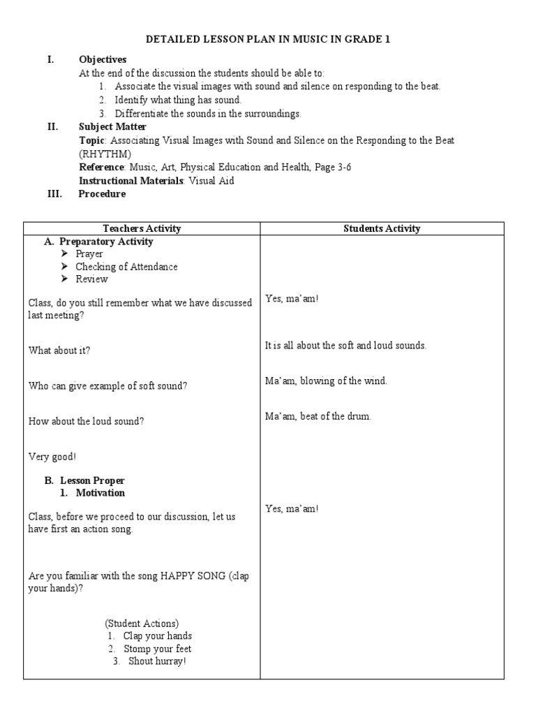 MAPEH1 - (Lesson Plan Sound & Silence) | PDF | Lesson Plan | Silence MAPEH1 - (Lesson Plan Sound & Silence) | PDF | Lesson Plan | Silence