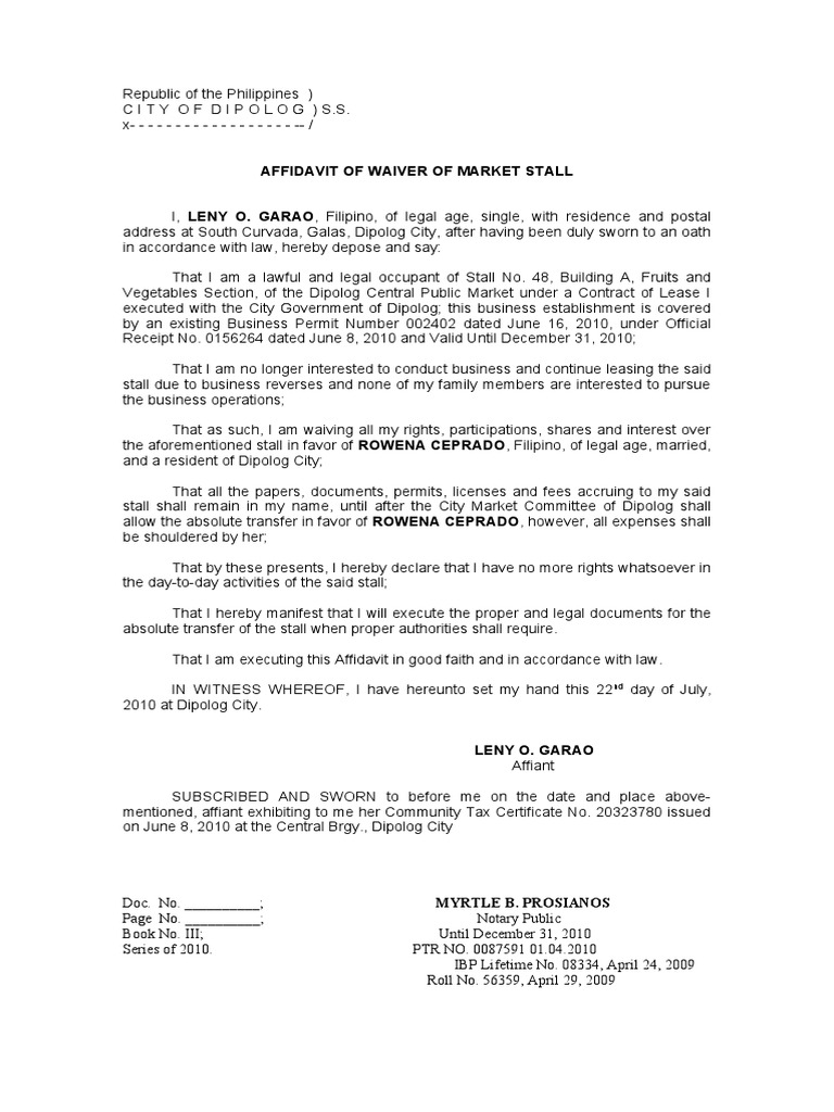 Waiver of Stall | PDF | Affidavit | Document