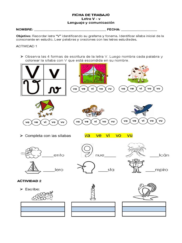 Ficha de Trabajo Letra V | PDF | Notación | Ortografía