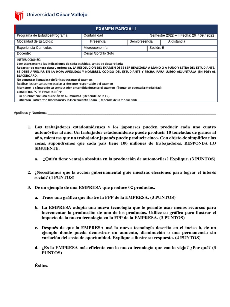 ExParcial 1 MicroEcon 2022 2 C1 | PDF | Prueba (evaluación) | Business