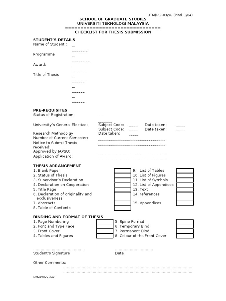 Thesis Submission Checklist UTM | PDF | Thesis | Postgraduate Education