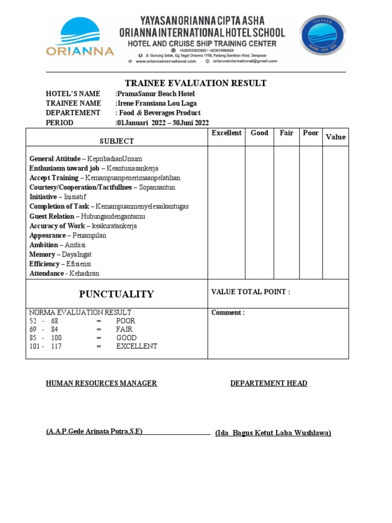 EVALUATION RESULT FORM FOR TRAINEE (To Hotel) Irene | PDF