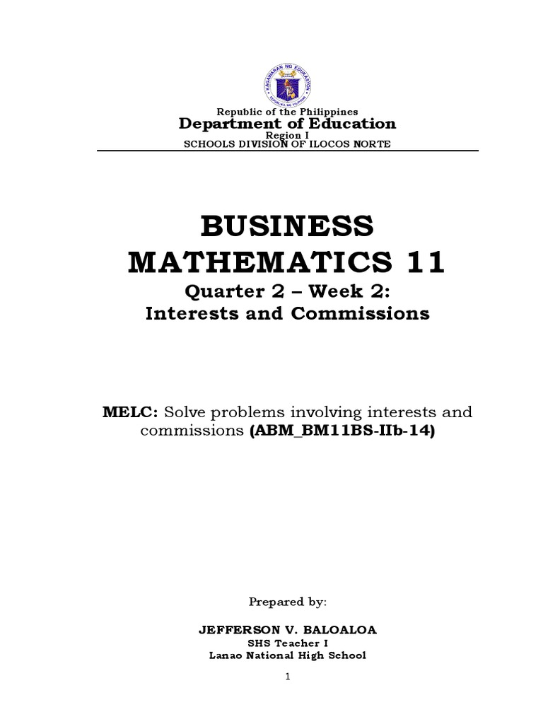 Business Mathematics 11 Q2 Week2 MELC19 MOD Baloaloa, Jefferson | PDF | Interest | Loans