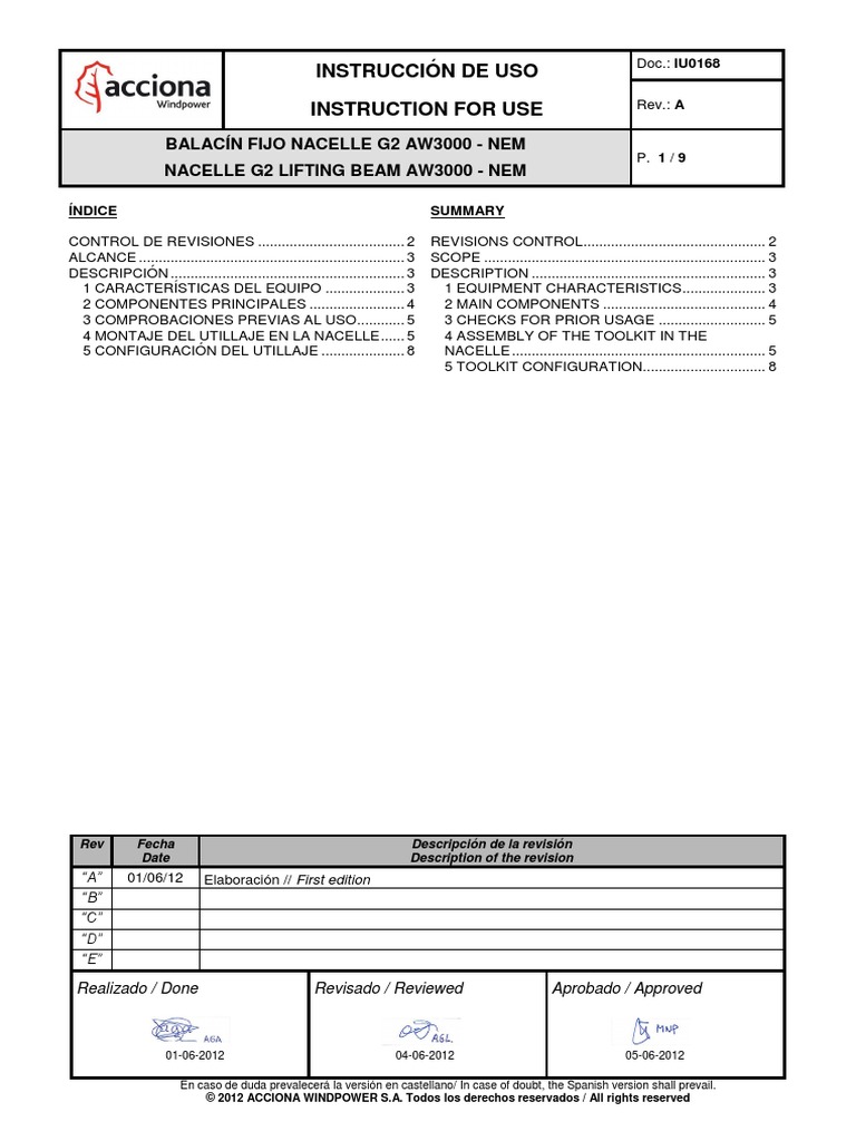 Instrucción de Uso Instruction For Use: Balacín Fijo Nacelle G2 Aw3000 - Nem Nacelle G2 Lifting ...