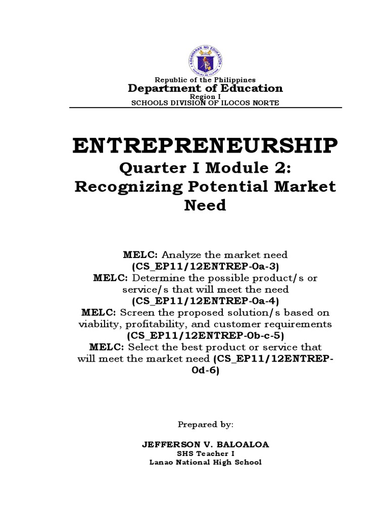 Entrepreneurship 11 12 Q1 Week3 Week6 MELC03 MELC05 MOD Baloaloa ...