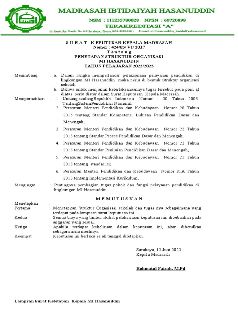 Surat Keputusan Penetapan Struktur Pelaksana Organisasi Sekolah | PDF