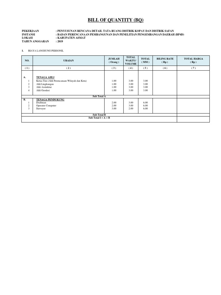 Bill of Quantity (BQ) : I. Total Waktu/ (1) (2) | PDF