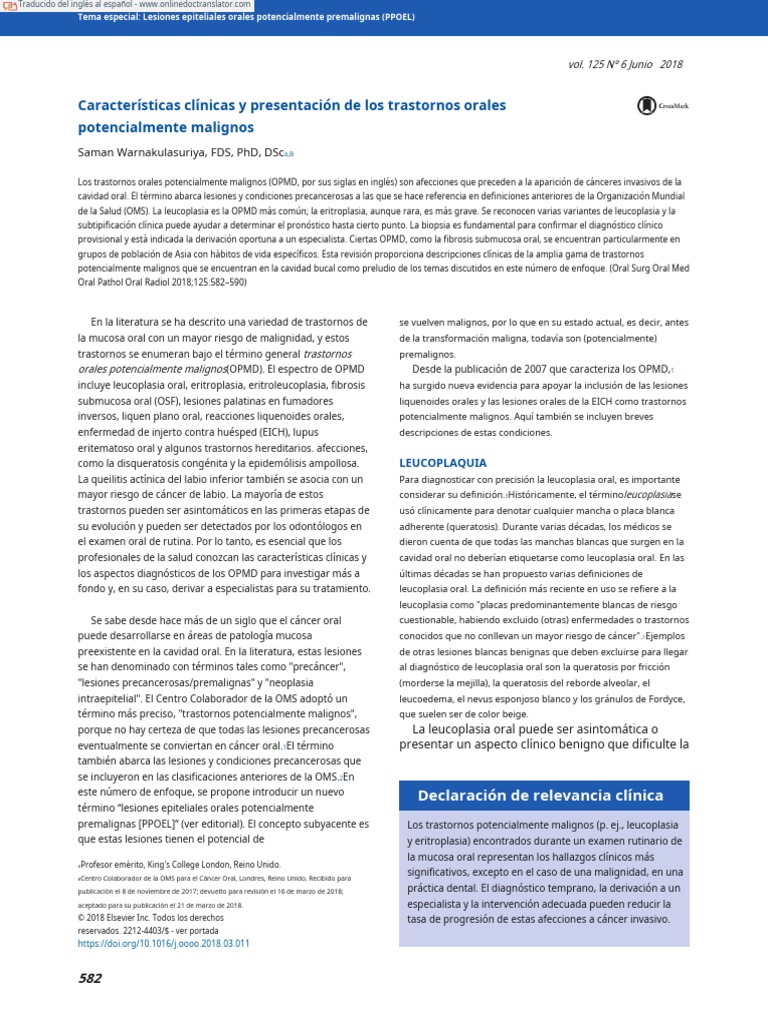 DESORDENES POTENCIALMENTE MALIGNOS ASPECTOS CLÍNICOS Warnakulasuriya2018.en - Es | PDF ...