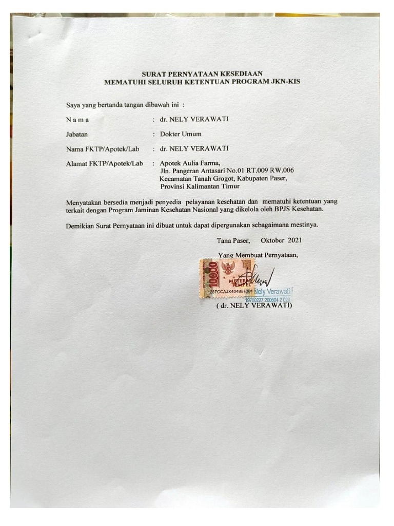 Surat Pernyataan Kesediaan Mematuhi Seluruh Ketentuan Program JKN KIS | PDF