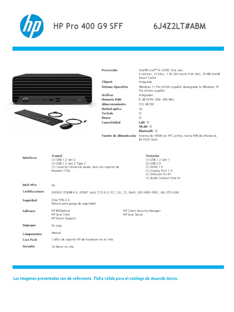 HP Pro 400 G9 SFF 6J4Z2LT#ABM | PDF | USB | Ingeniería Informática
