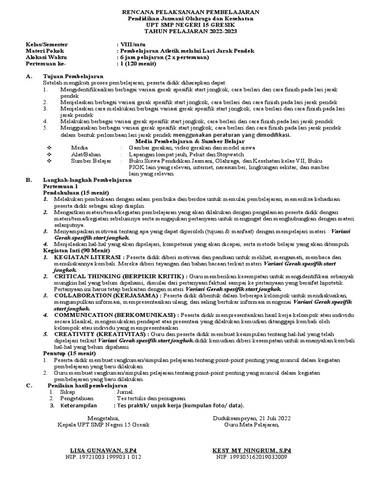 RPP Pjok Tp.2021-2022 8-1 Lari Jarak Pendek Pert 1 | PDF