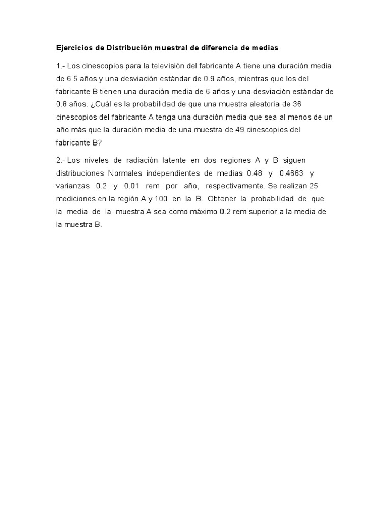 Ejercicios de Distribución Muestral de Diferencia de Medias | PDF