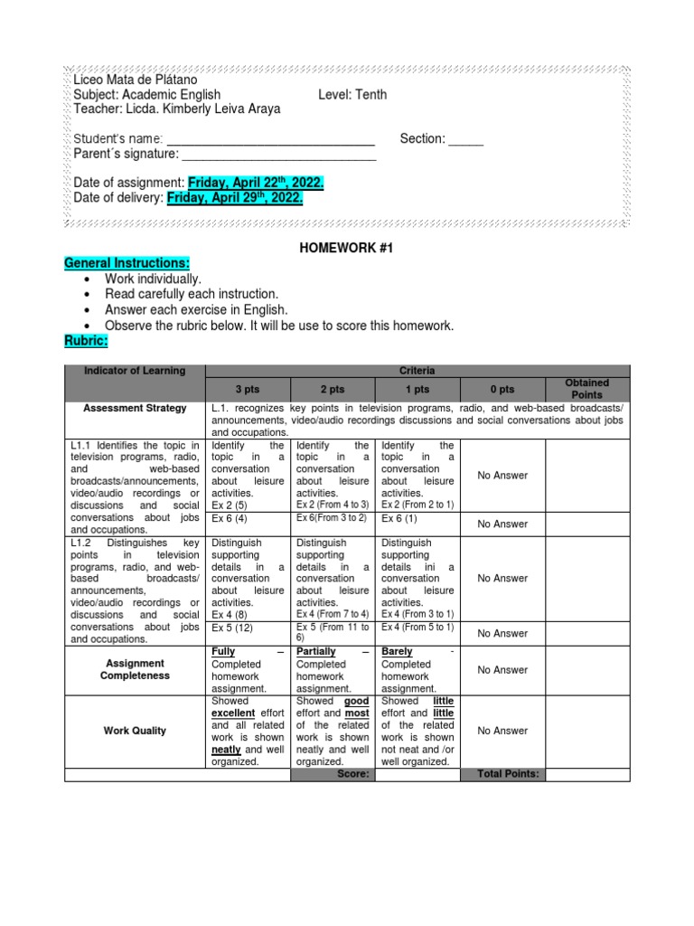 Tenth Grade English Homework Assignment | PDF | Dictionary | Rubric ...