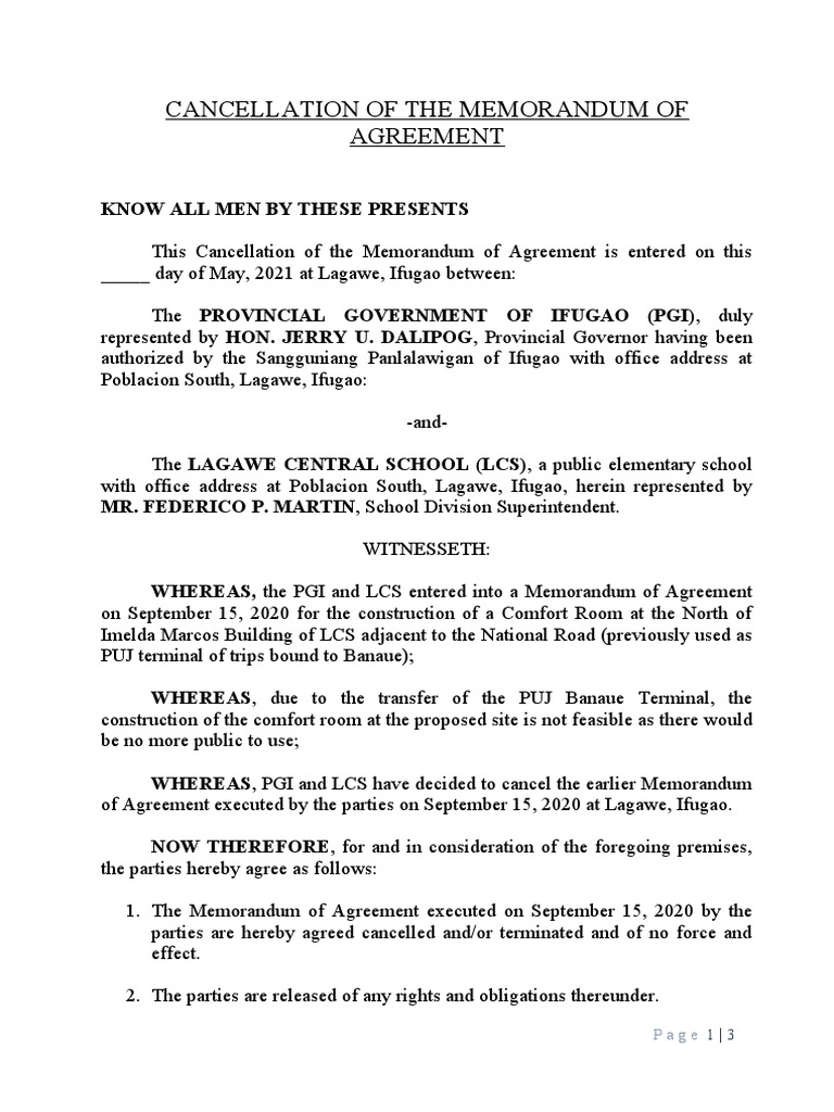 Cancellation of The Memorandum of Agreement | PDF | Government | Justice