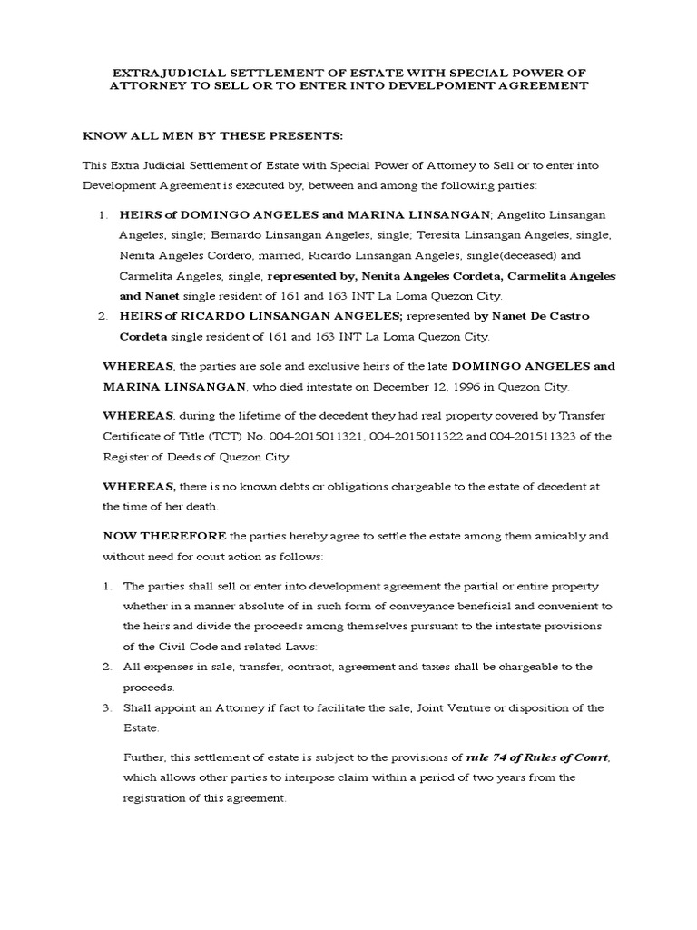 Extra Judicial With Spa | PDF | Intestacy | Inheritance