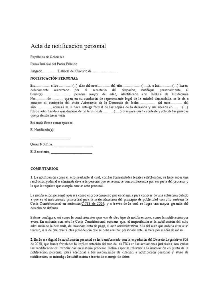 Acta de Notificación Personal | Descargar gratis PDF | Demanda judicial ...