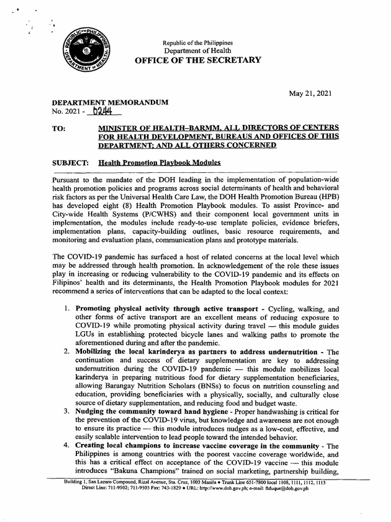 DOH - DM No. 2021-0244 - Health Promotion Playbook Modules | PDF ...