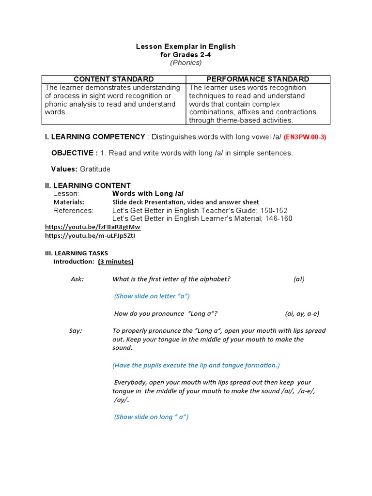 Grade 3 English Lesson: Long Vowel /a/ | PDF | English Language | Learning