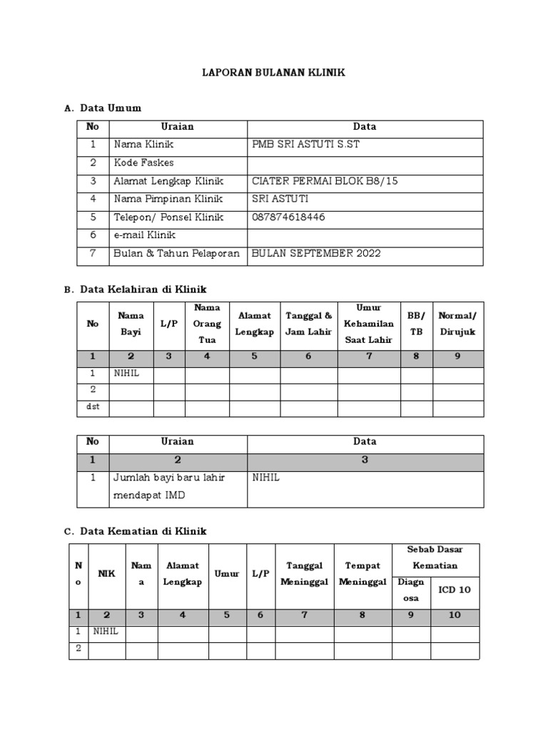 Laporan Bulanan Klinik | PDF