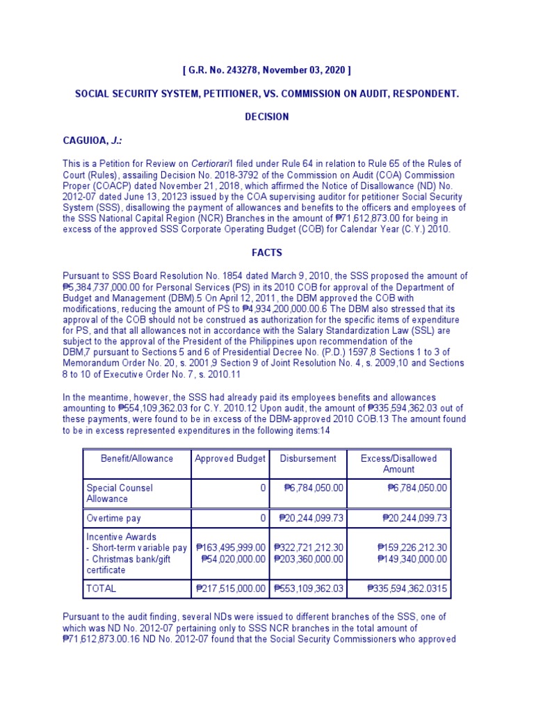 SSS v. COA, G.R. No. 243278, November 03, 2020 | PDF | Legal Liability ...