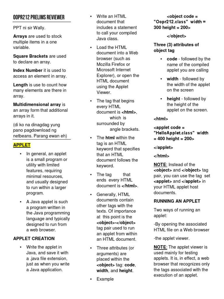 Oopr212 Prelims Reviewer | PDF | Java (Programming Language) | Typefaces