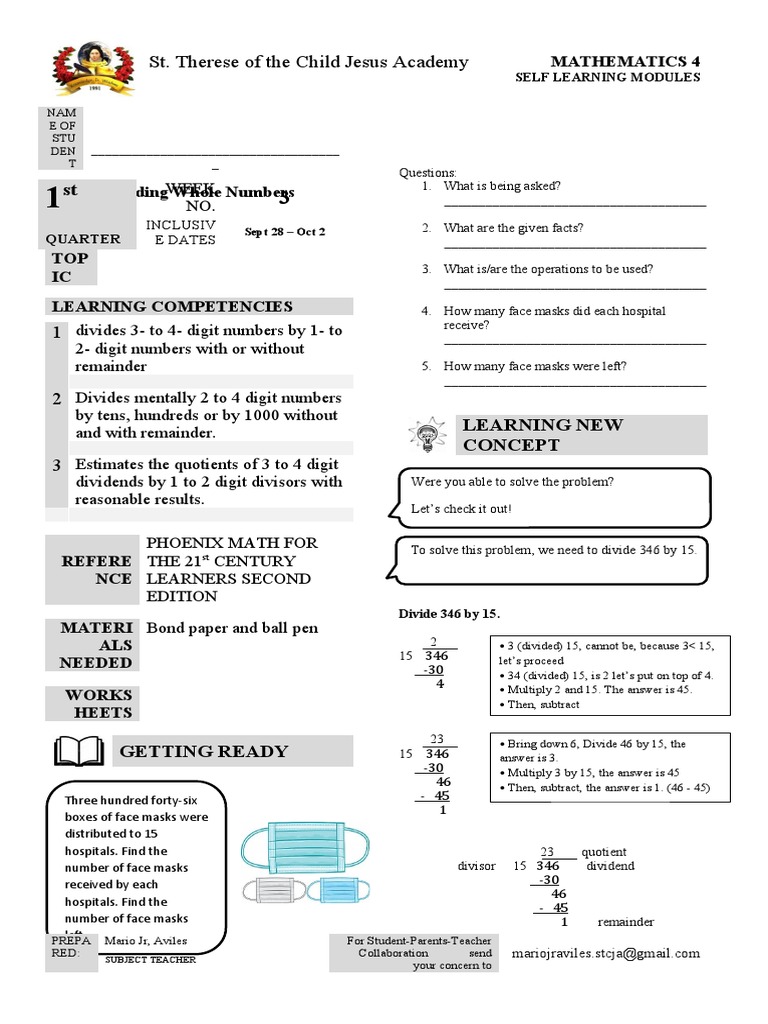 Module 2, Dividing 3 To 4 Digit by 1 To 2 Digit | PDF | Division ...