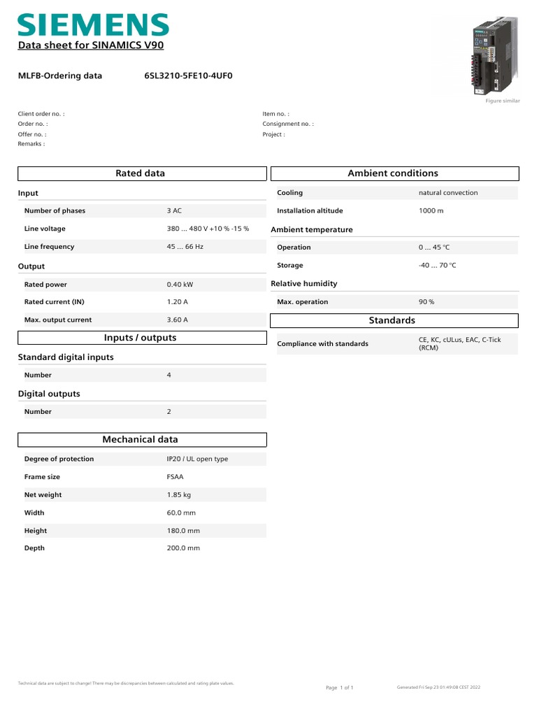 SINAMICS V90 6SL3210-5FE10-4UF0 Data Sheet | PDF | Computer Engineering | Electromagnetism
