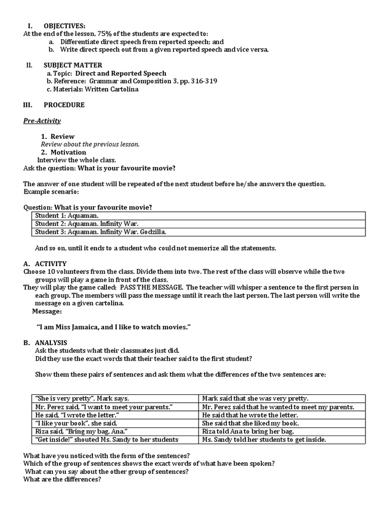 Direct and Reported Speech Lesson Plan | PDF | English Language | Question