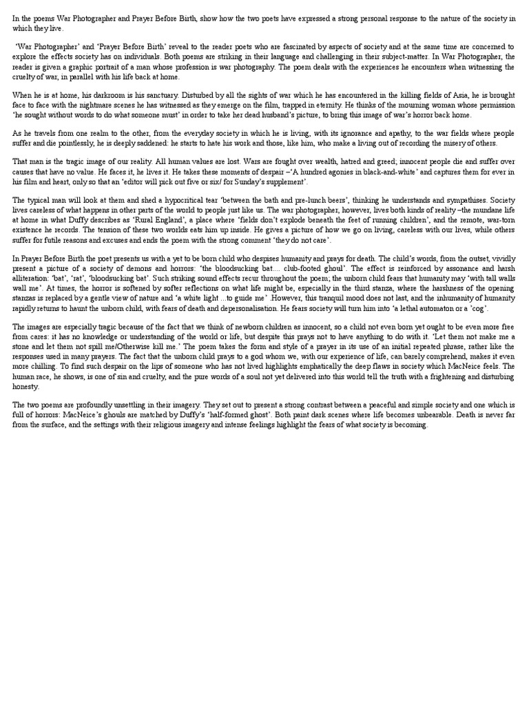 COMPARISON Prayer Before Birth and War Photographer | PDF | Prayer