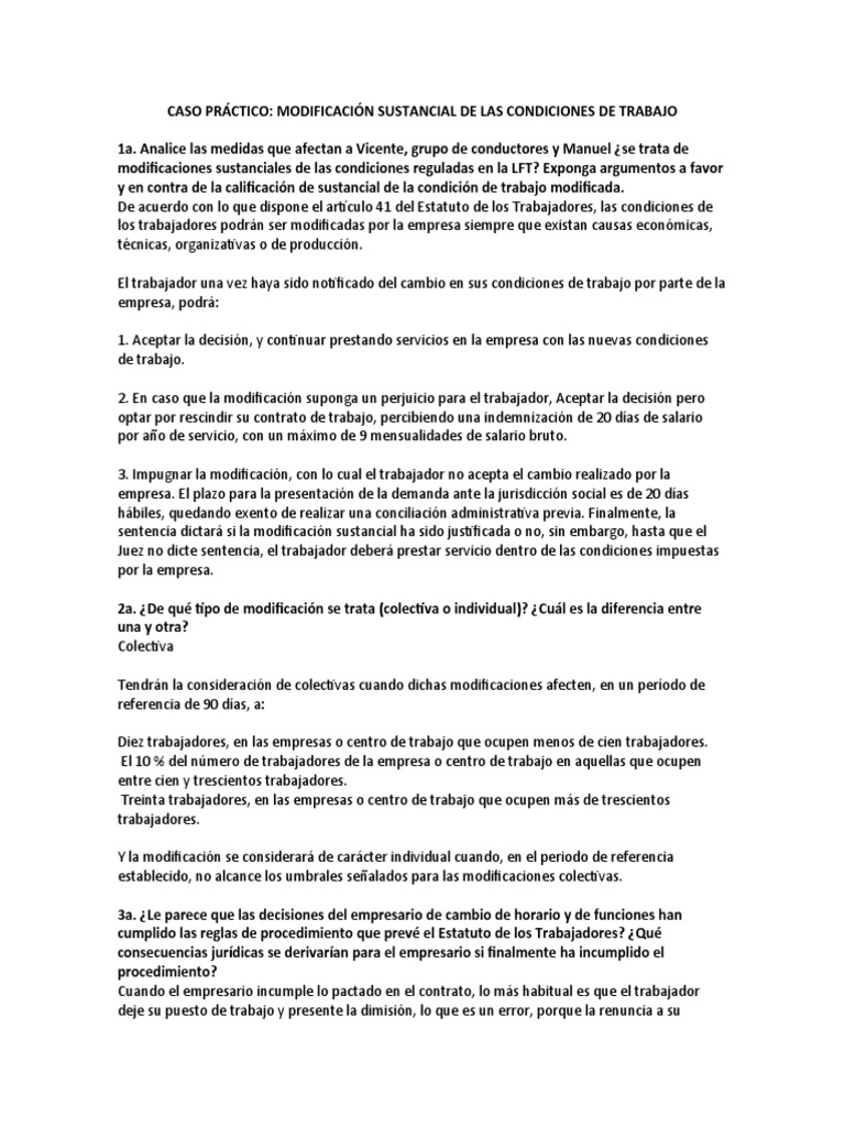 Caso Práctico Modificación Sustancial de Las Condiciones de Trabajo ...