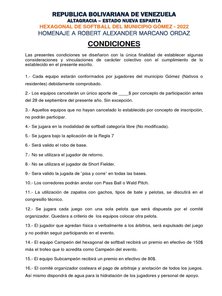 Condiciones Hexagonal de Softball Robert Marcano | PDF | Deportes ...