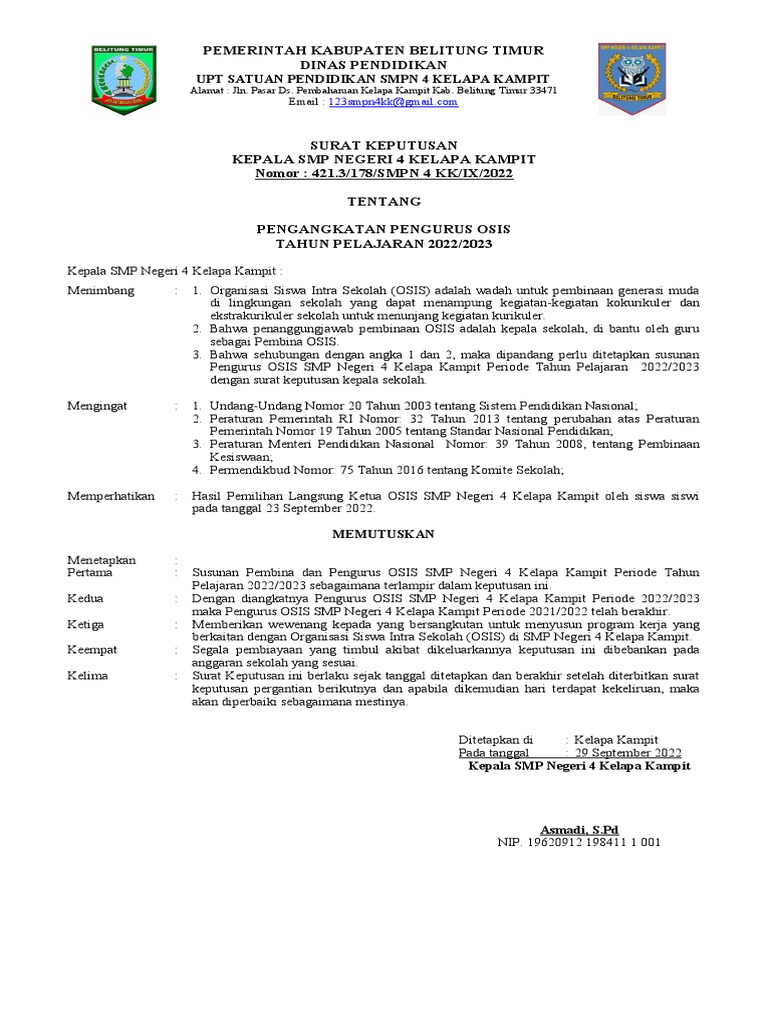 SK Pengurus OSIS | PDF