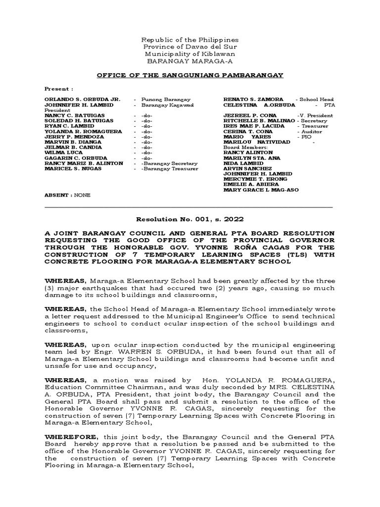 Joint Barangay and Pta Resolution | PDF
