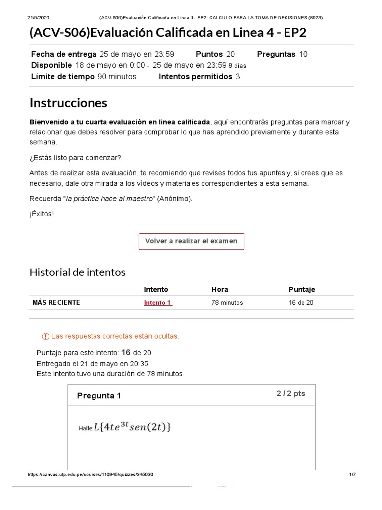 Acv s06 Evaluacion Calificada en Linea 4 Ep2 Calculo para La Toma - Compress | PDF | Cognición