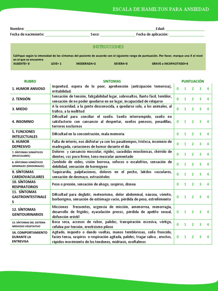 Escala de Hamilton para Ansiedad | Descargar gratis PDF | Ansiedad ...