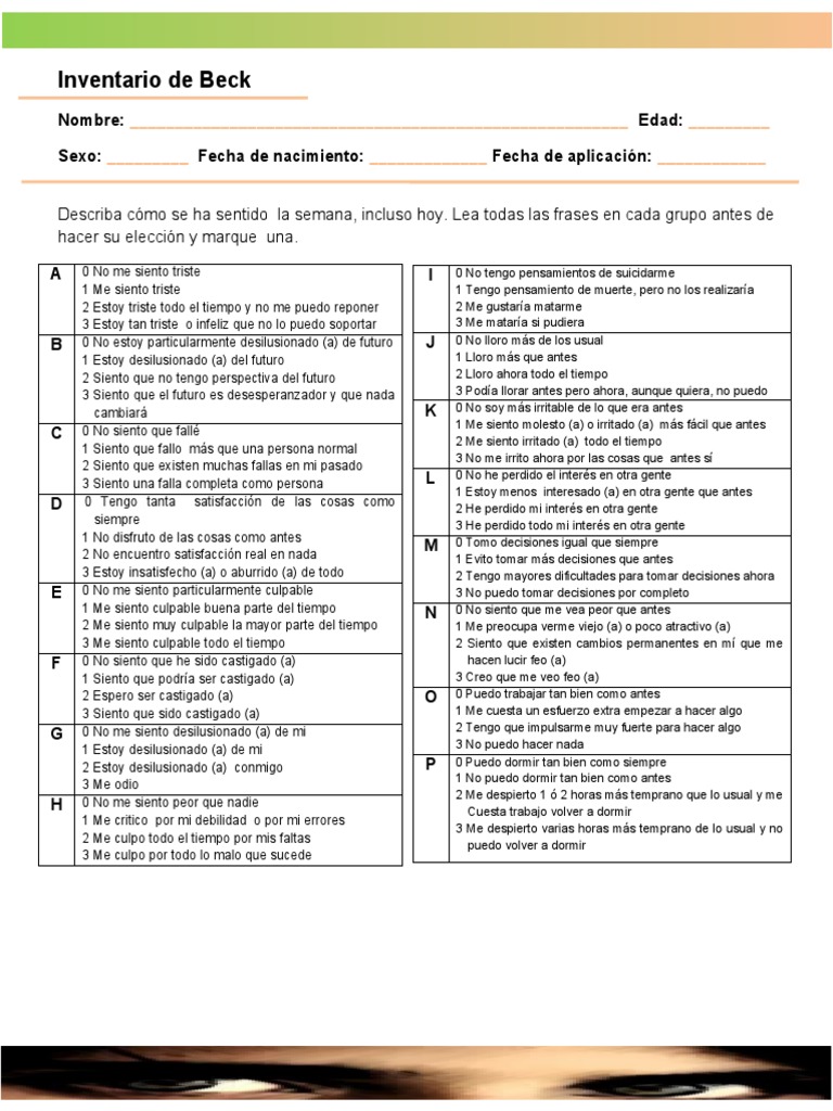 Inventario de Beck | PDF | Depresión (estado de ánimo)
