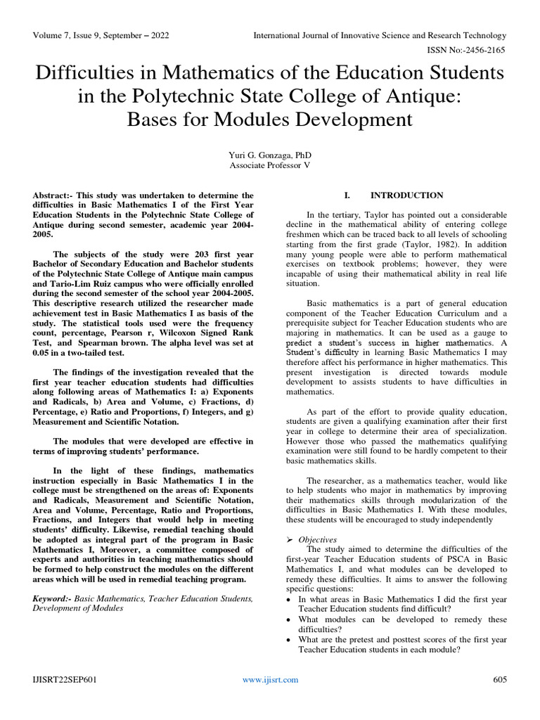 Difficulties in Mathematics of The Education Students in The Polytechnic State College of ...