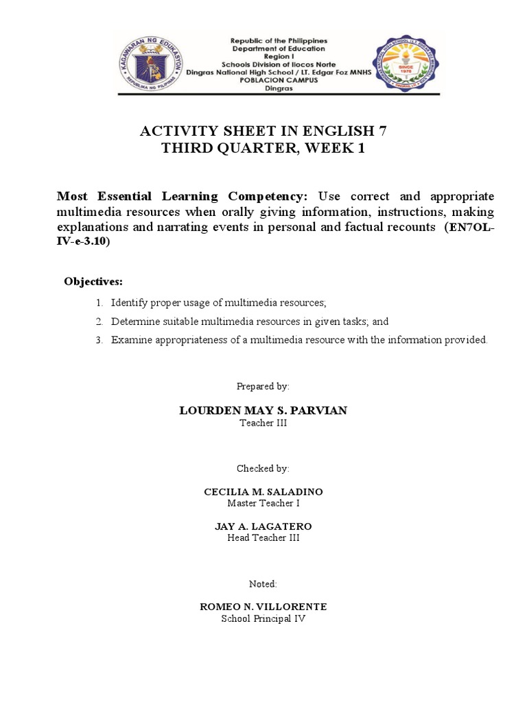 ACTIVITY SHEET IN ENGLISH 7, Q3 M1 Multimedia Resources | PDF ...