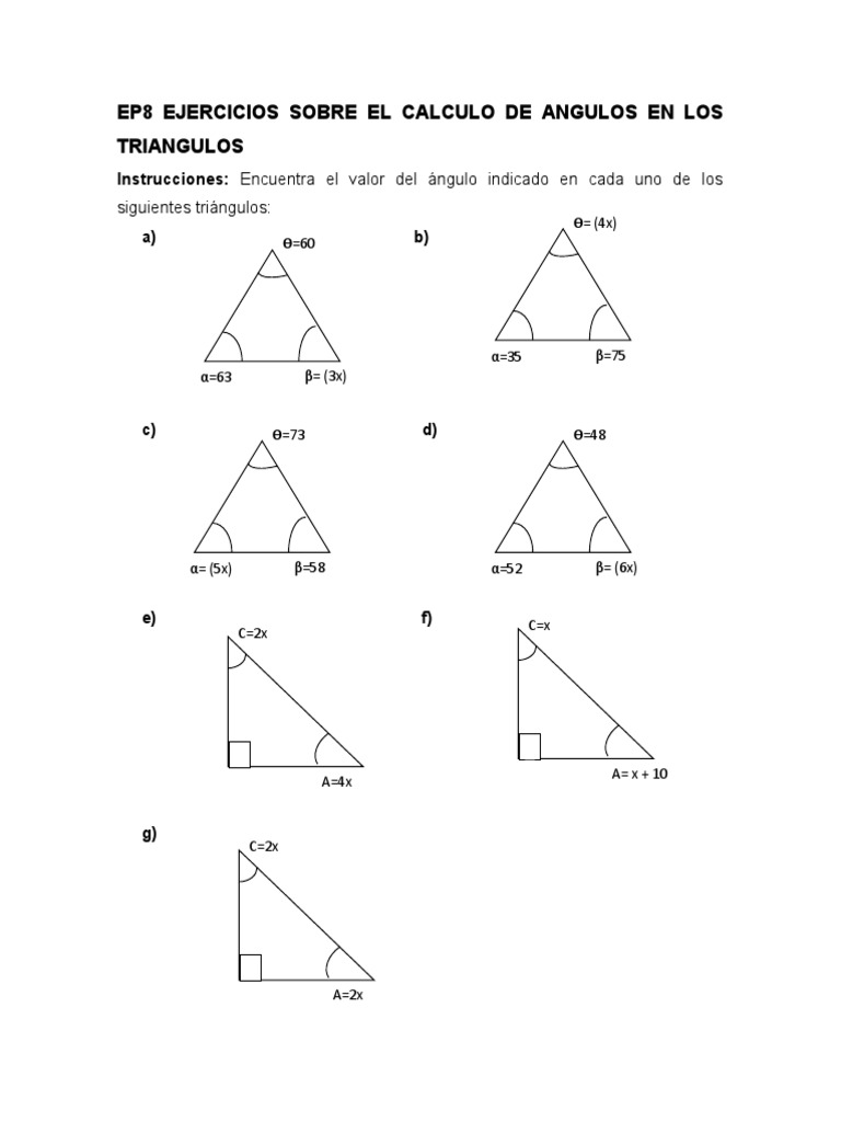 Cálculo de ángulos en triángulos mediante la aplicación de propiedades trigonométricas | PDF
