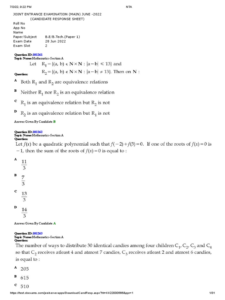 Question ID: Topic Name:Mathematics-Section A | PDF | Educational ...