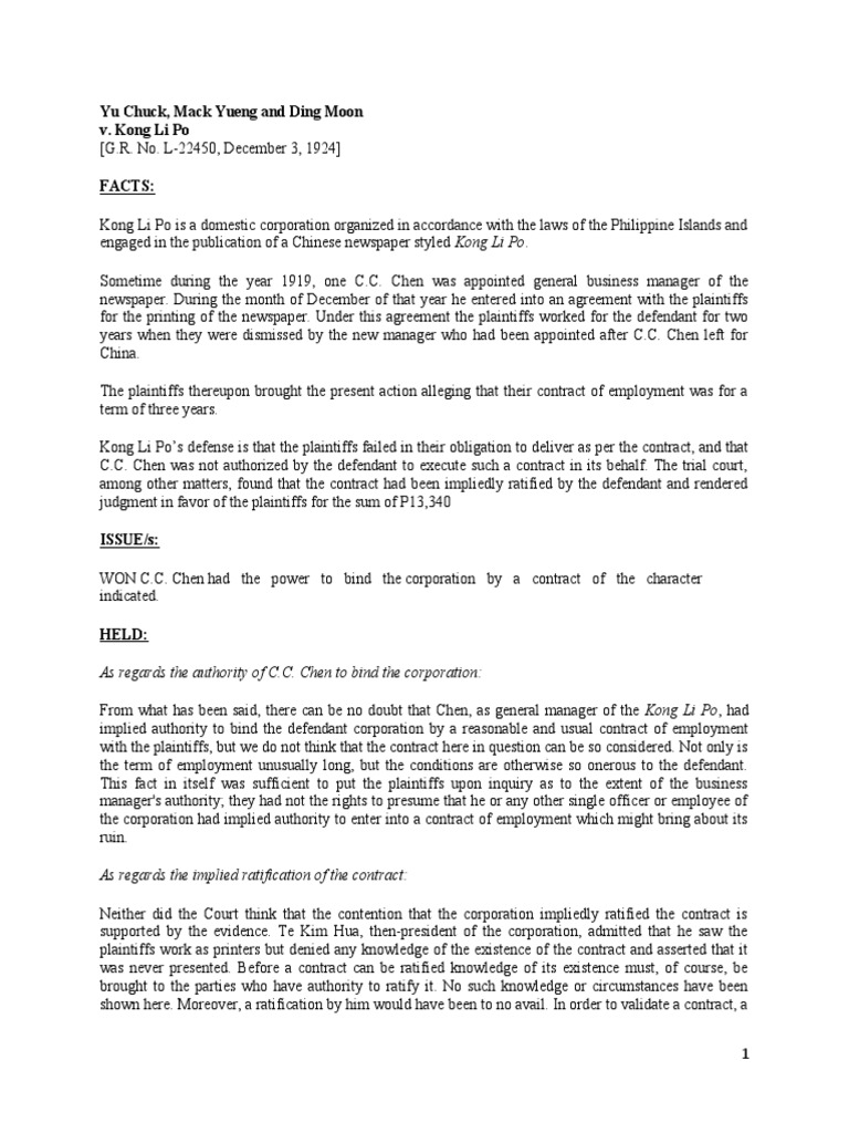 95 Yu Chuck vs. Kong Li Po Digest | PDF | Ratification | Legal Concepts