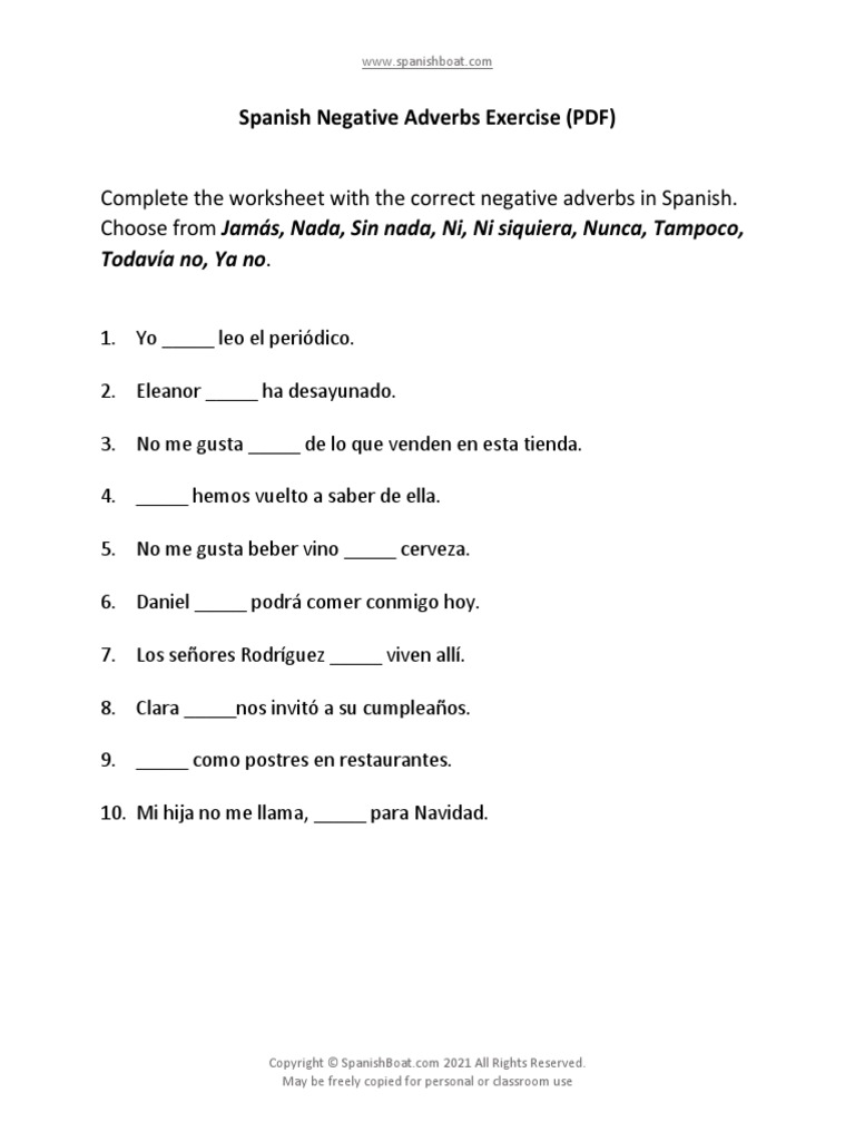 Negative Adverbs Spanish Exercise | PDF